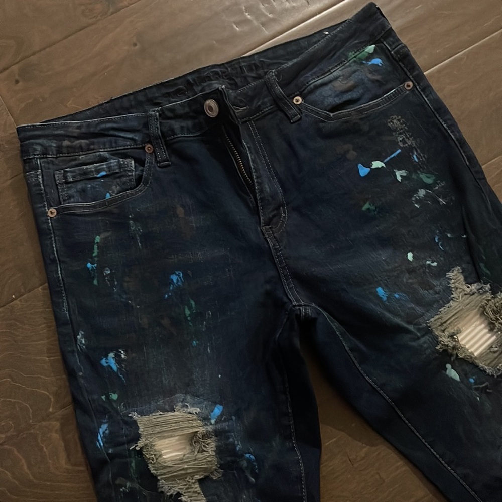 Mens Skinny Stretch Splatter Paint Jeans - Gem